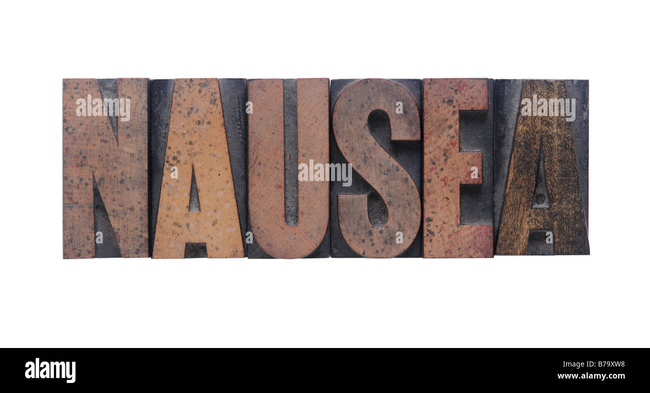 the word 'nausea' in old ink-stained wood type Stock Photo - Alamy