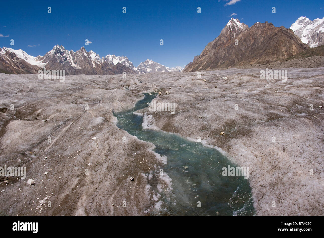 A frozen stream running on glacial ice surrounded by the Karakoram ...