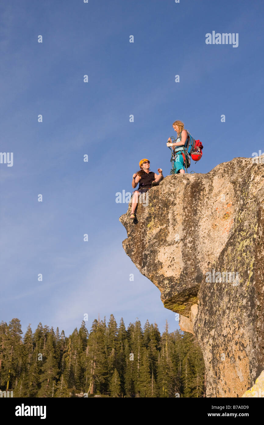 Two female rock climbers on an overhanging cliff at Taft Point at ...