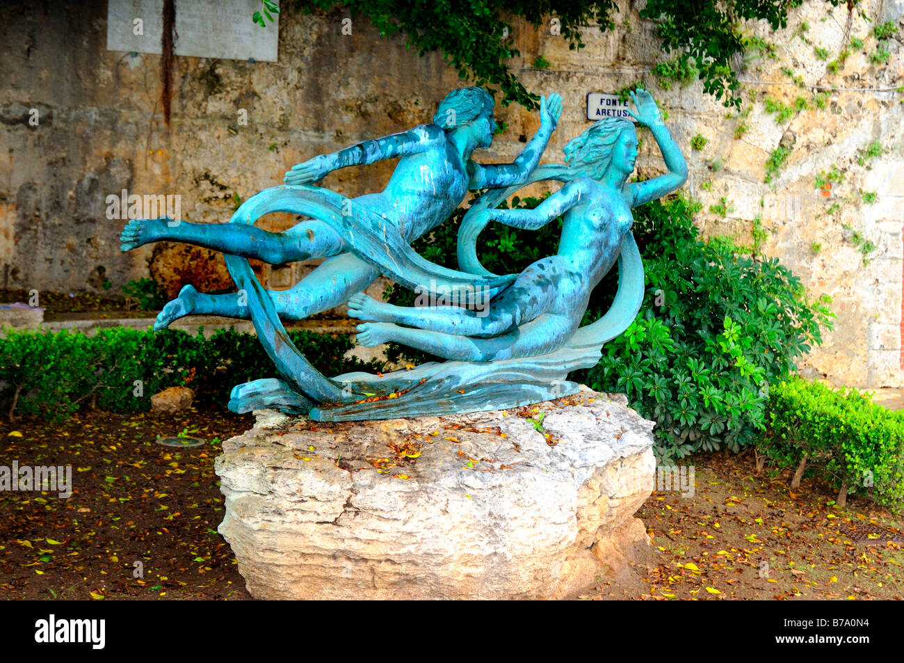 Statue of the nymph Arethusa near her source in Syracuse Sicily Italy ...
