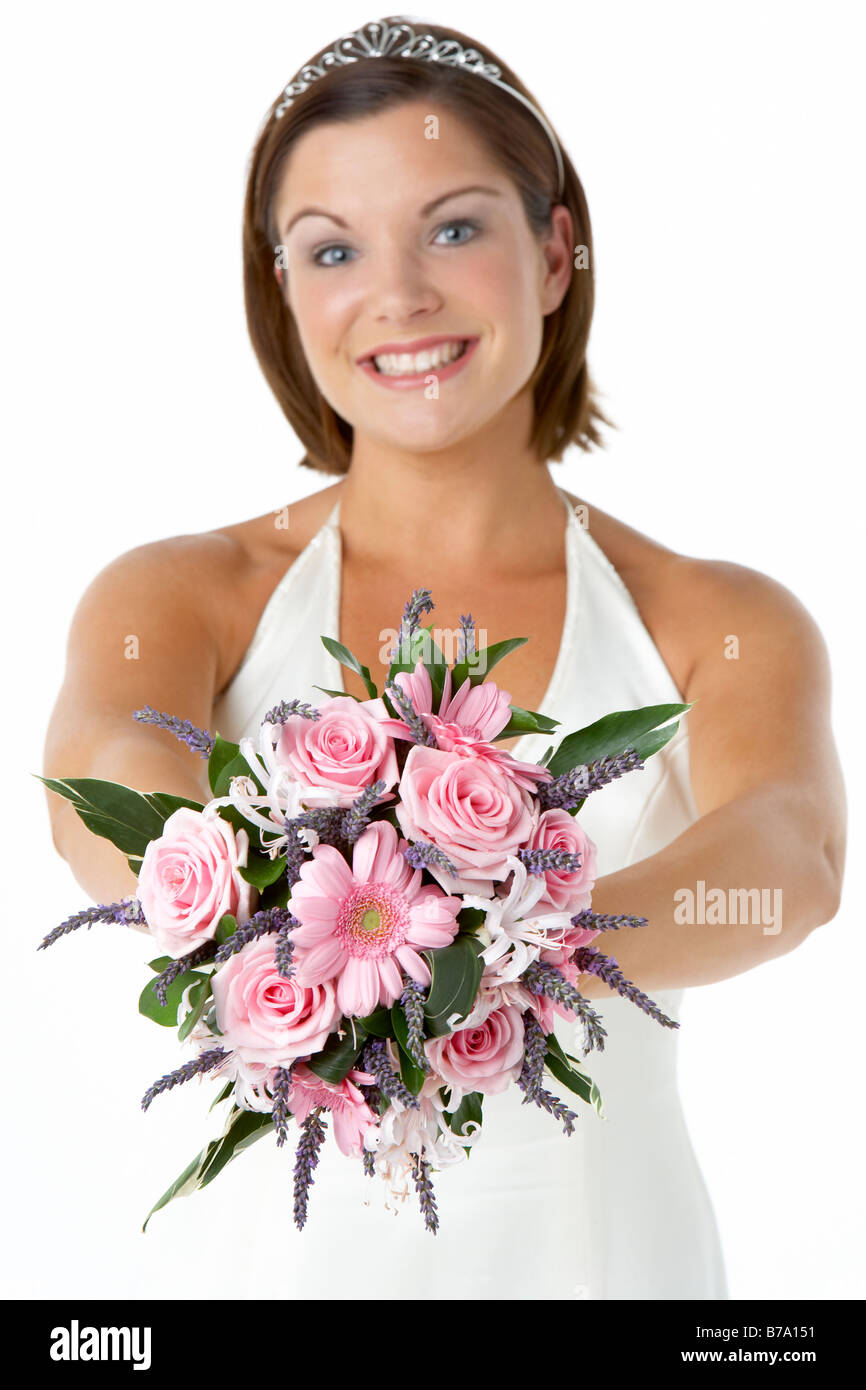 Portrait Of Bride Holding Bouquet Of Flowers Stock Photo - Alamy