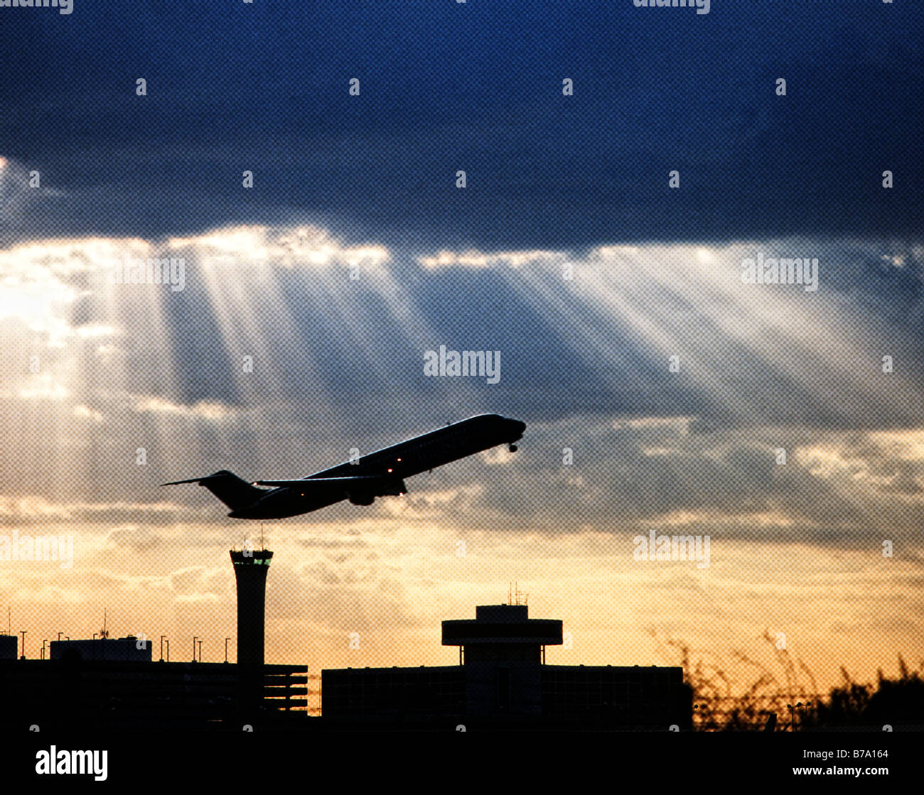 commercial jet taking off at sunset New York digitally altered Stock ...