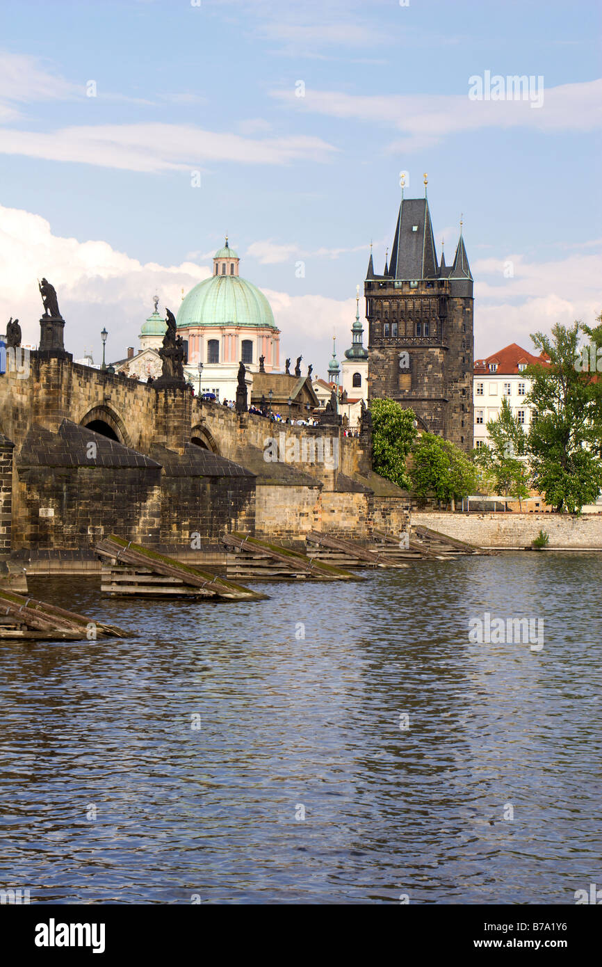 Prague - Charles bridge and gothic tower Stock Photo - Alamy