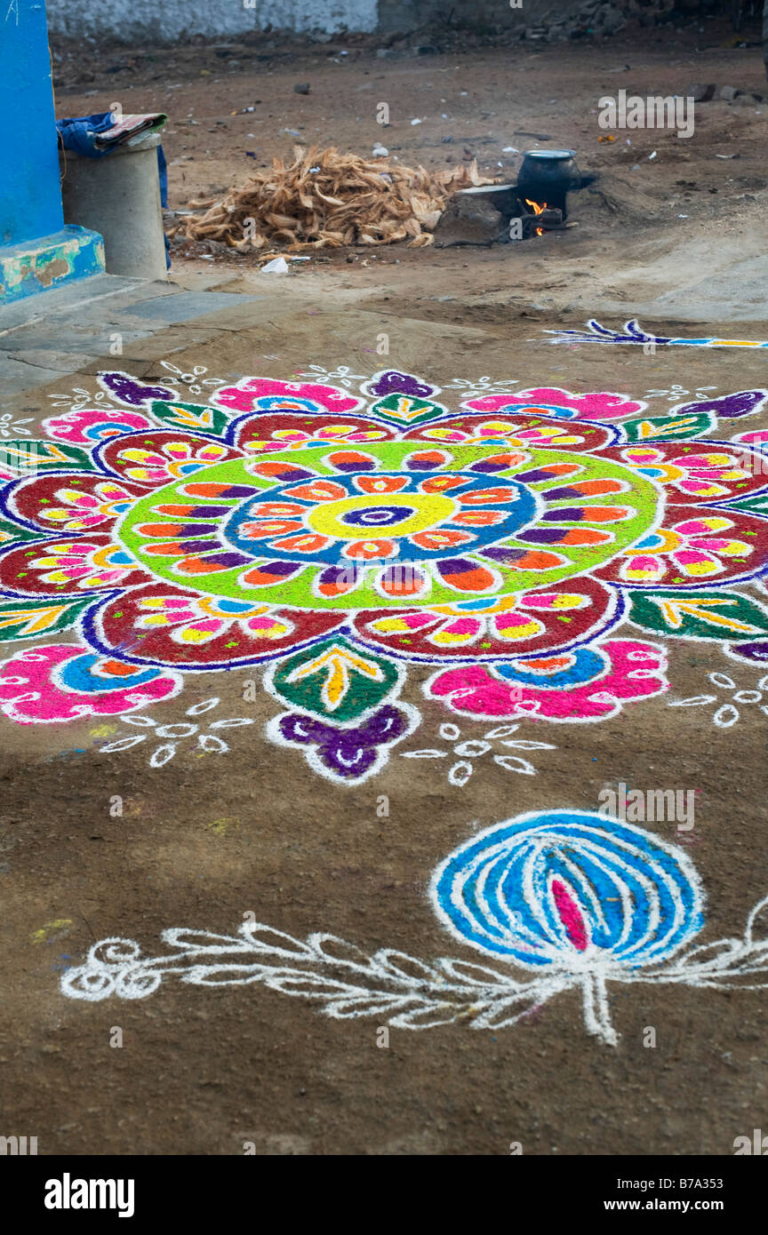 Rangoli festival designs in an Indian street made at the hindu festival ...