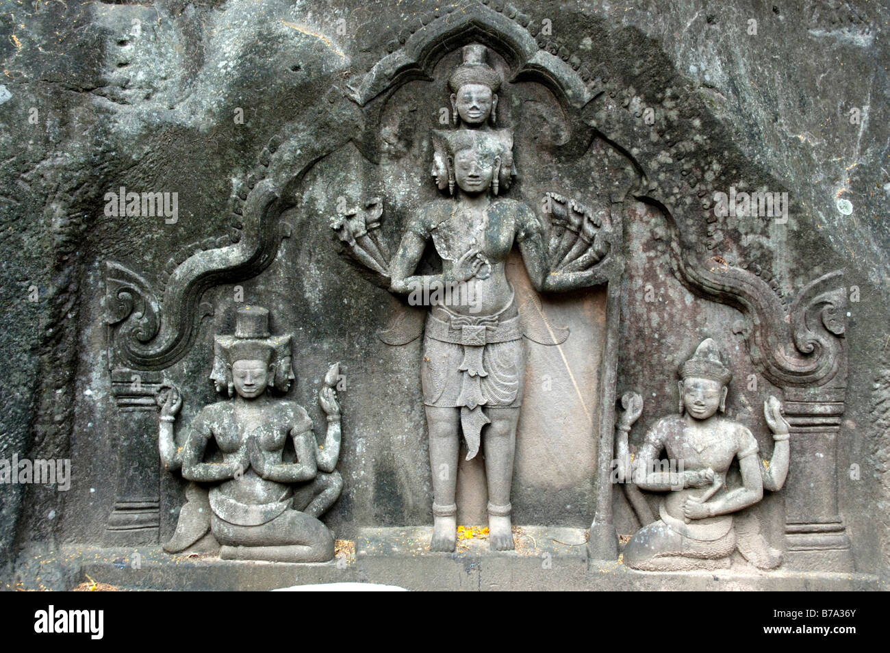 Hinduism, ancient stone relief, Great Trinity or Trimurti with the ...