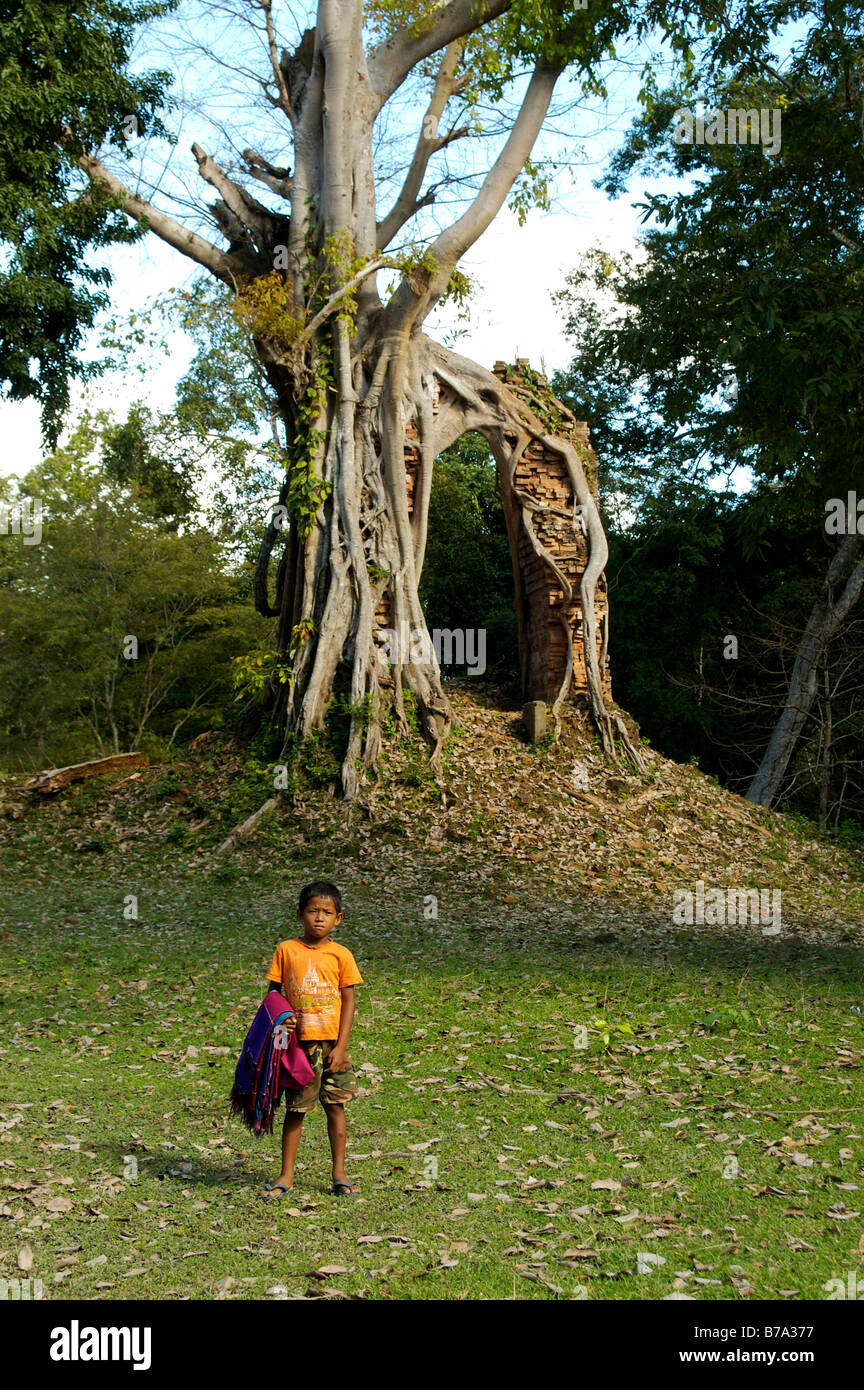 Young boy in front of overgrown, tangled tree, Prasat Yeay Peau, Sambor ...