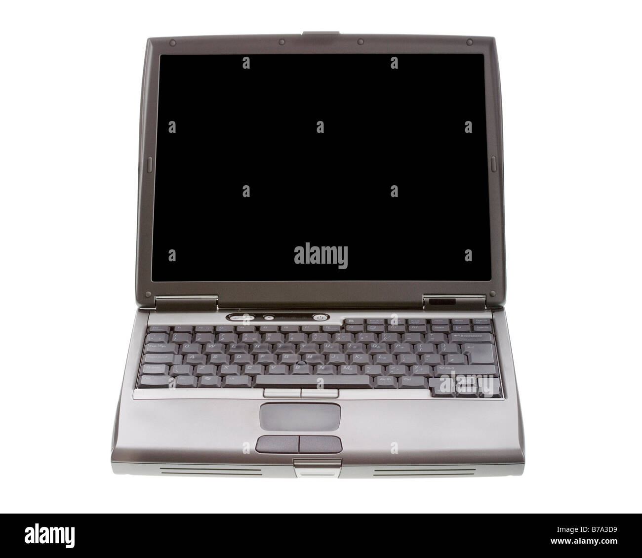 Used laptop isolated against white with black copy space on screen ...