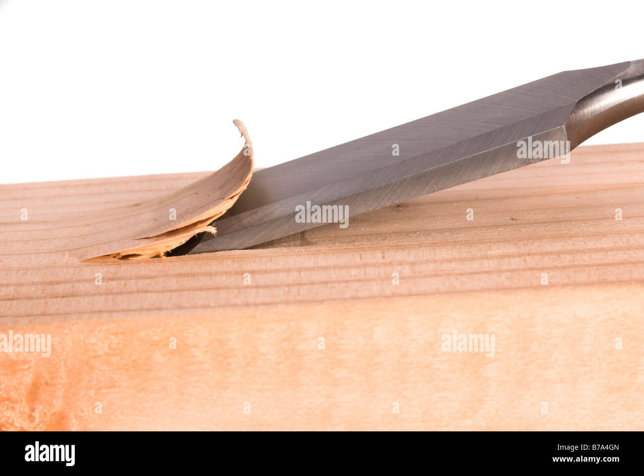 A sharp chisel chips away at a wood surface The image can be used for ...