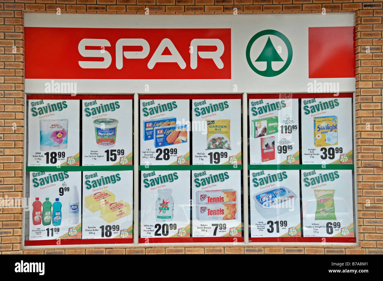 Promotional offers, Spar supermarket in Santa Lucia, South Africa Stock ...