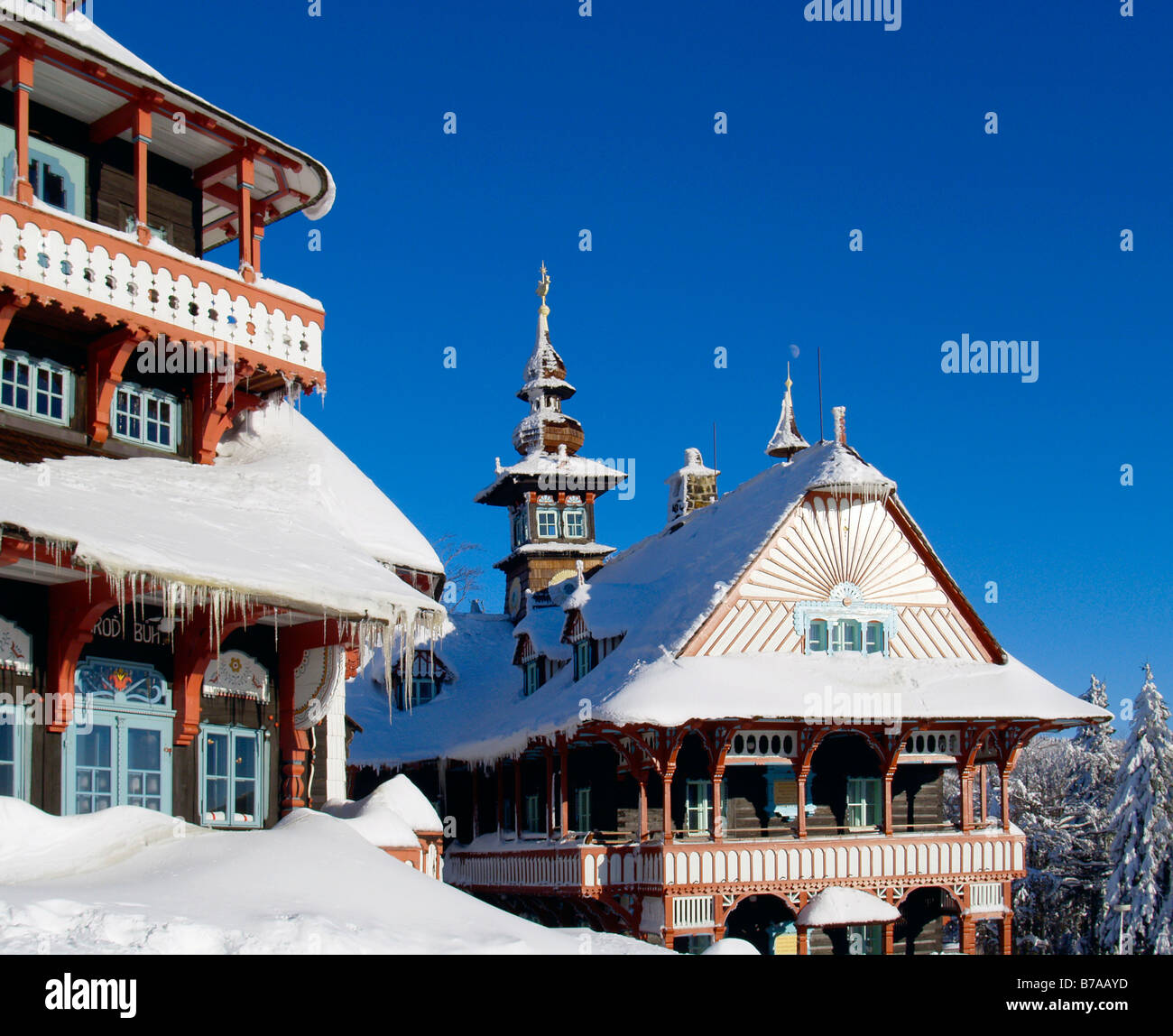 Winter, Pustevny, snowed in, icicled roofs, Beskids, protected ...