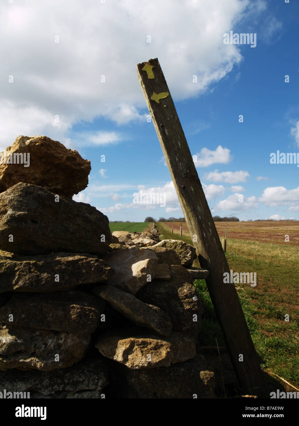 Old public footpath sign leaning against a dry stone wall Stock Photo ...