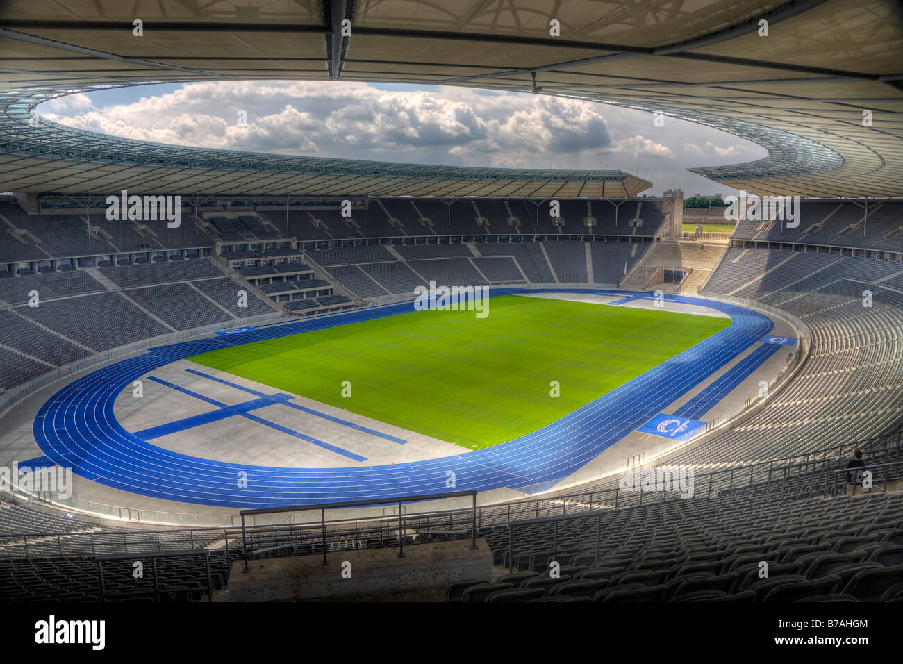 Perspective view across the interior of empty Olympic Stadium in Berlin ...