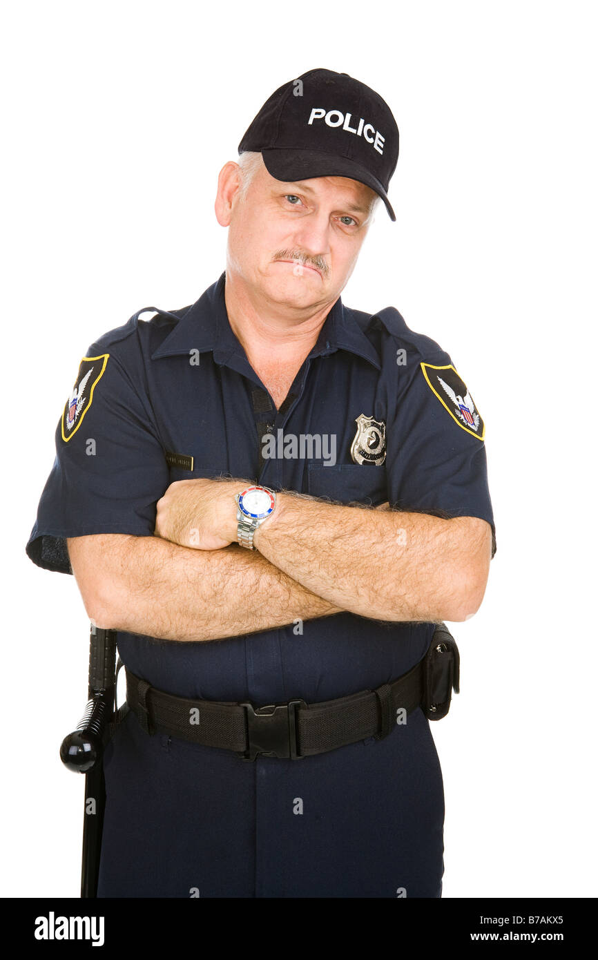 Grumpy looking police officer isolated on white background Stock Photo ...