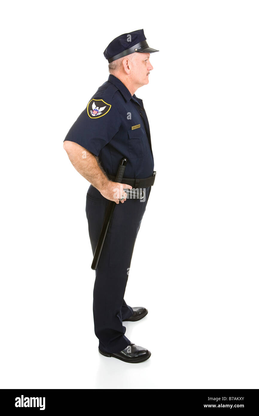 Handsome mature police officer in profile Full body isolated on white ...