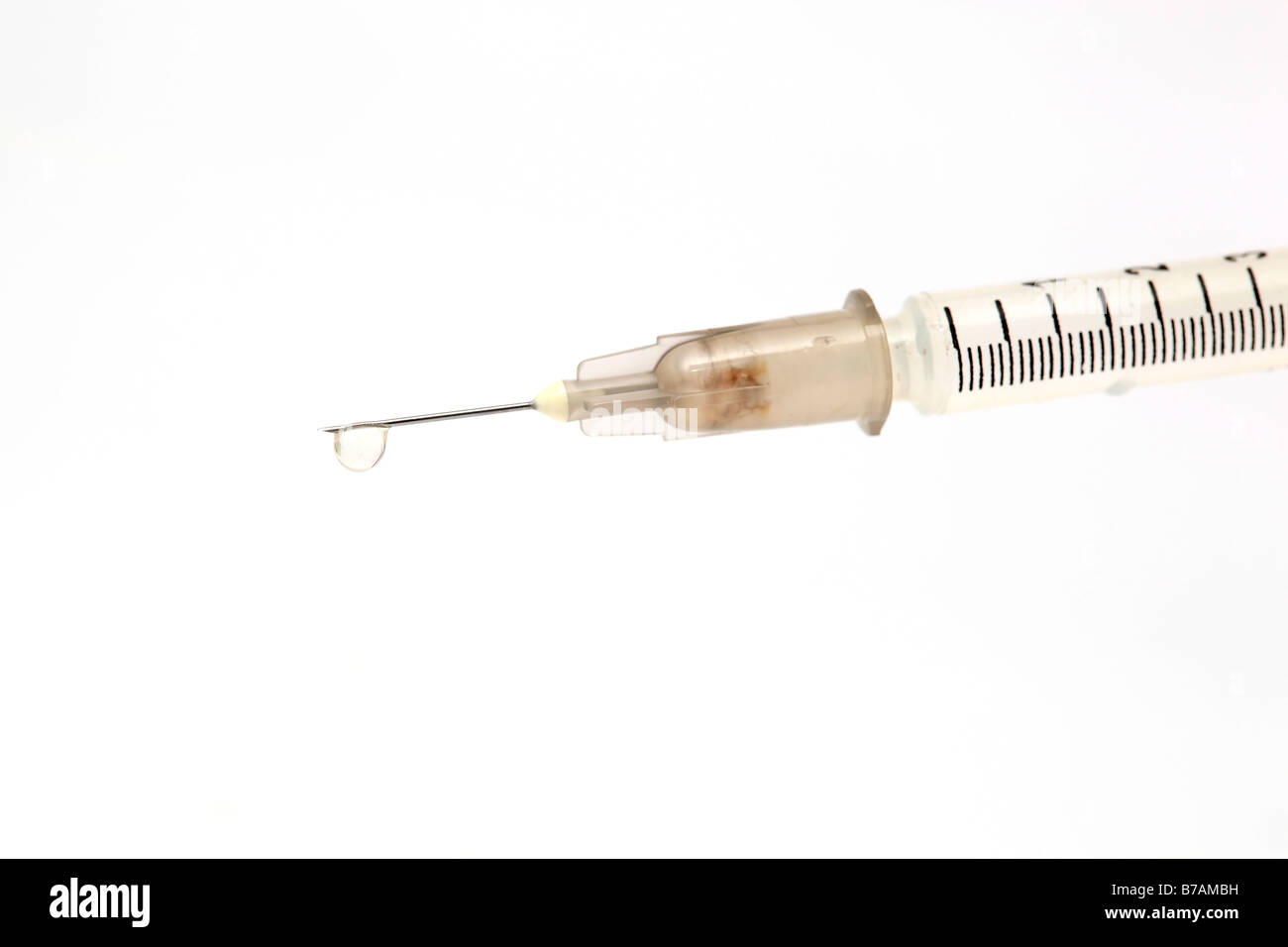 medical injection syringe closeup detail with medicine drop Stock Photo ...