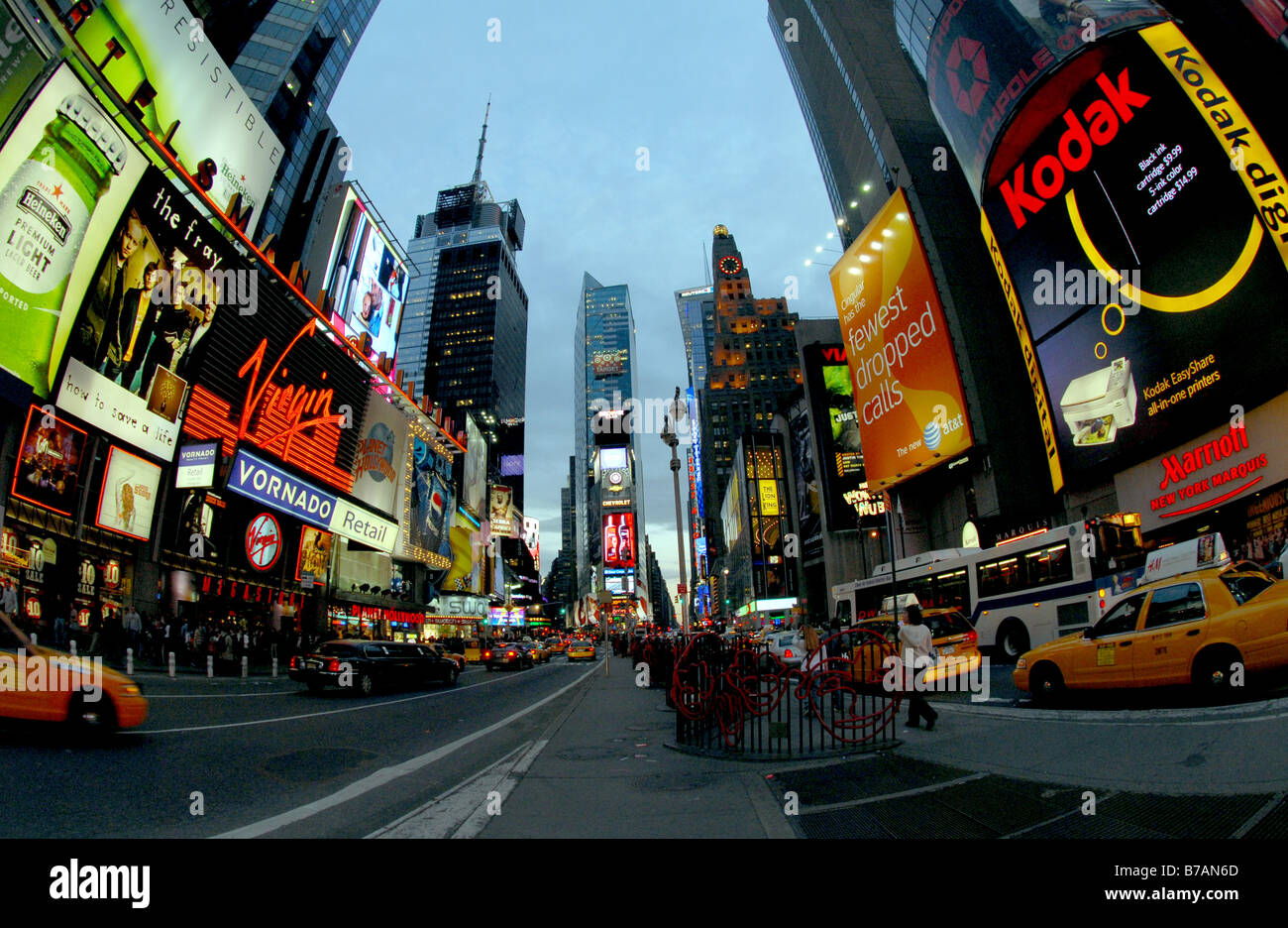A view of Times Square New York at Sunset through a fisheye lens Stock ...