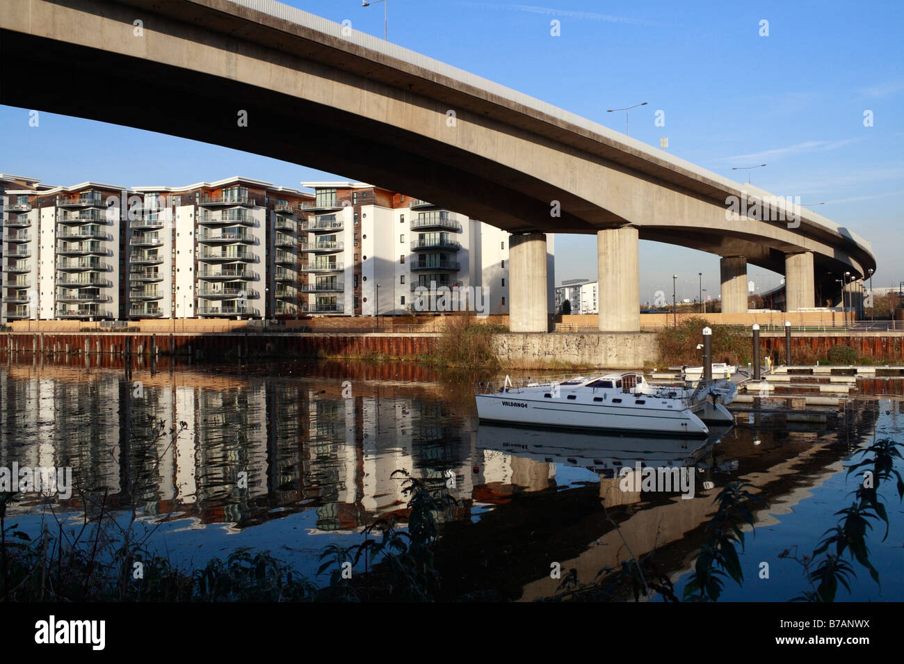 The A4055 road bridge crossing the River Ely in Cardiff Bay Wales, with ...