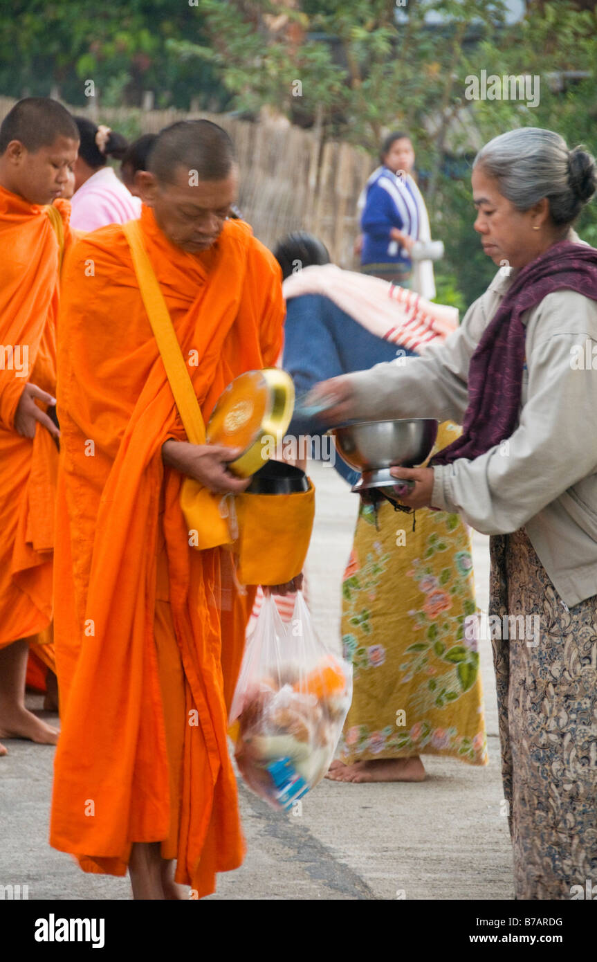 monks receving alms at dawn in the Mon community of Sangklaburi ...