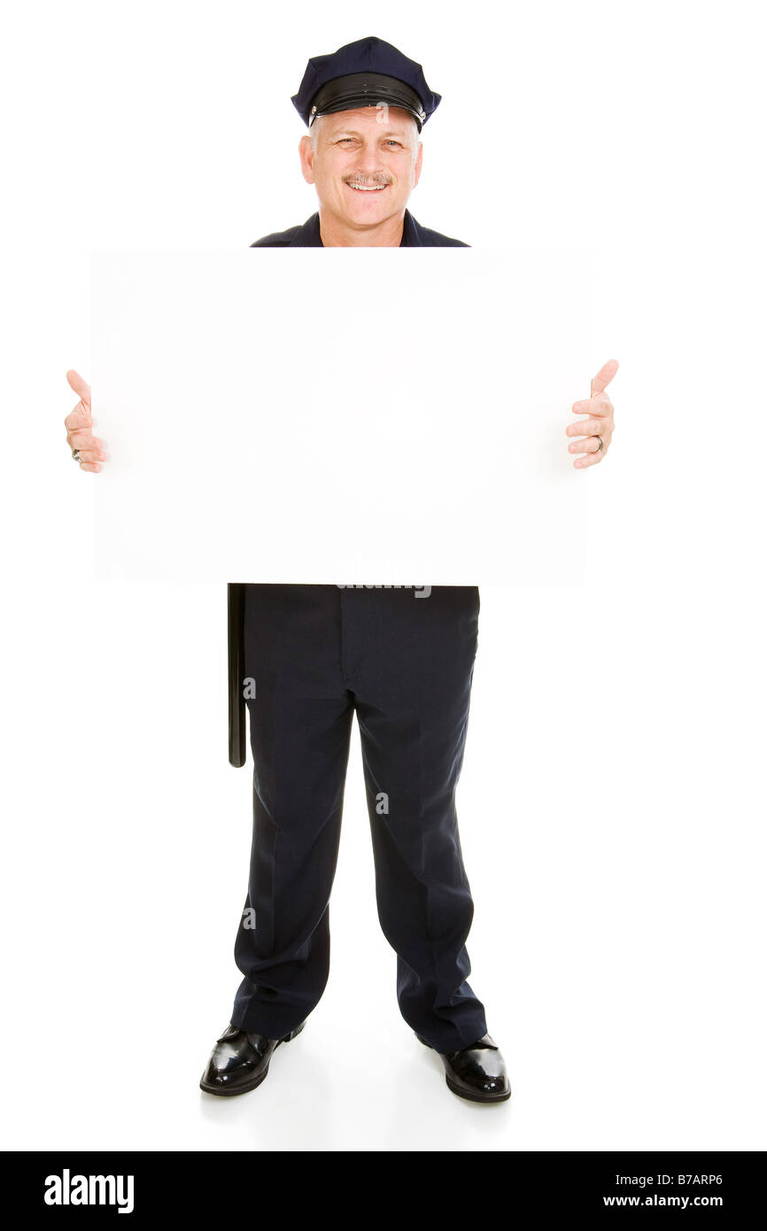 Full body view of a friendly police officer or security guard holding a ...
