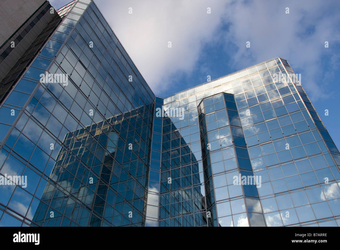 Skyscrapers Hammersmith. London Blue sky sunset glass reflection modern ...