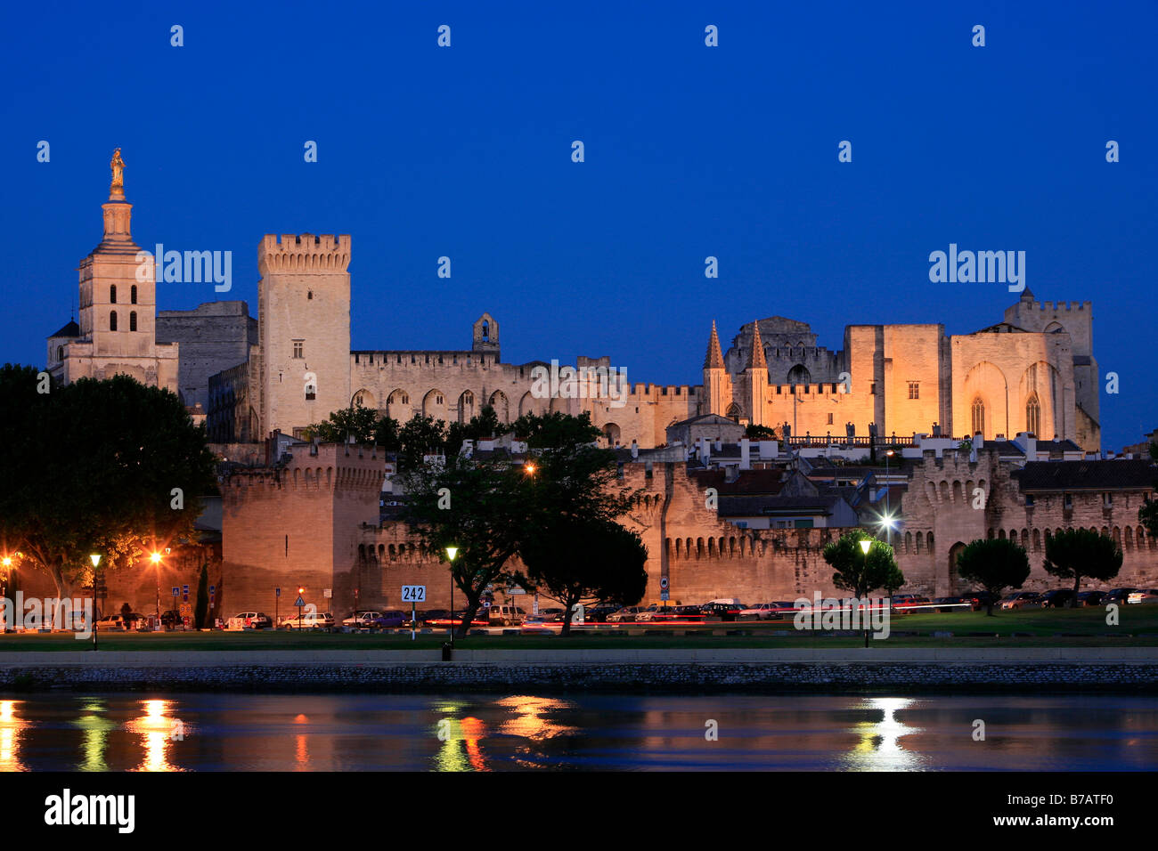 Panoramic view across the Rhone River at the Papal Palace and the ...