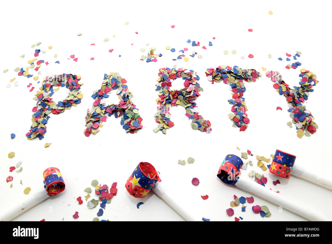 party word with confetti and four blowers on white background Stock ...
