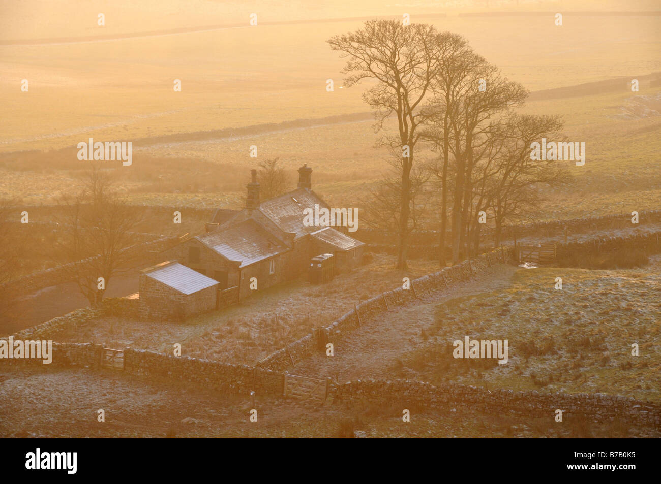 Hazy evening light on farm Peel from Steel Rigg Northumberland Stock ...