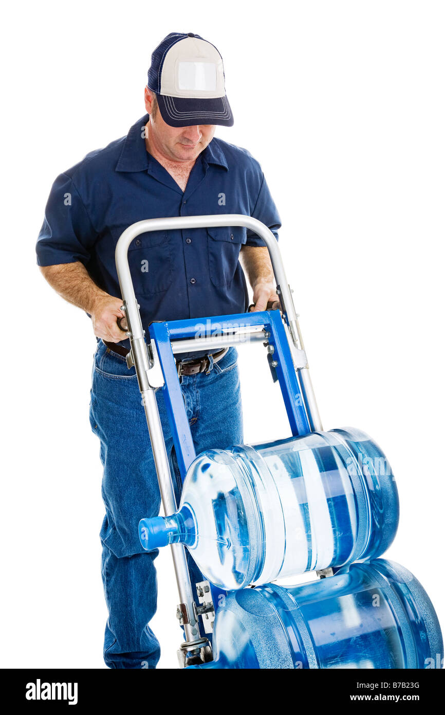 Water delivery man with hand truck viewed from above Blank space on hat ...