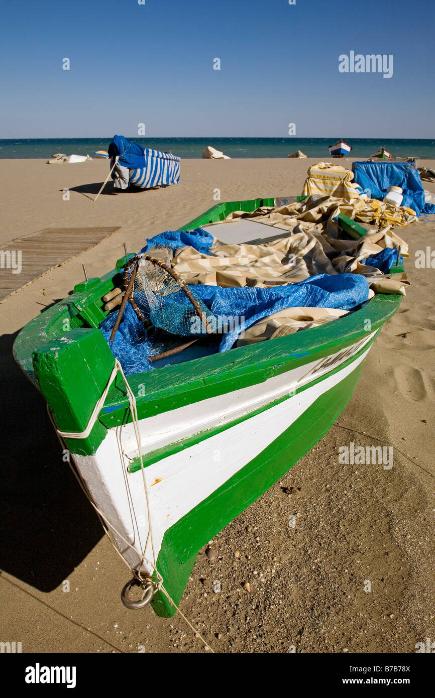 Fishing boats on the beach in Fuengirola Malaga sun coast Andalusia ...