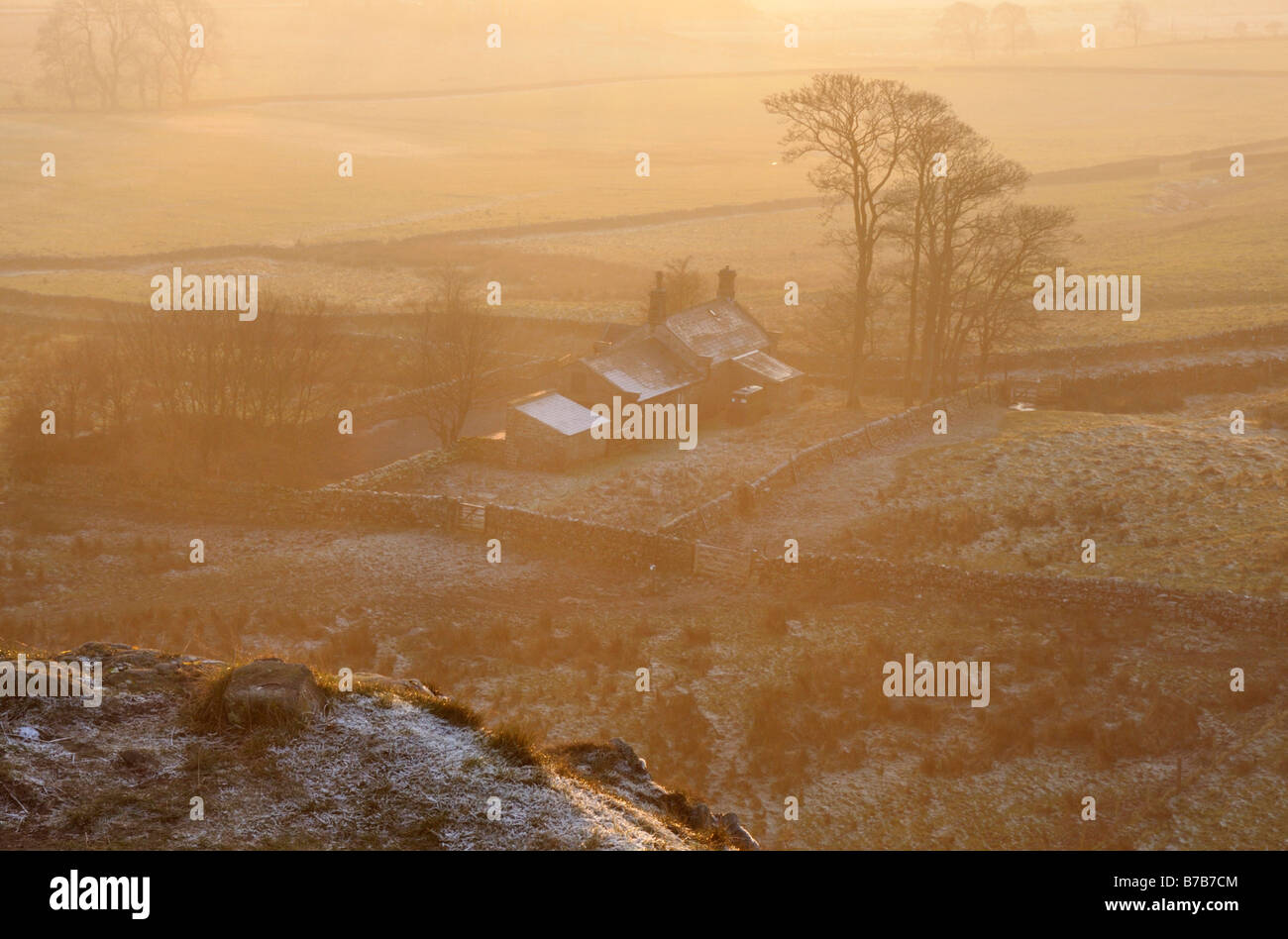 Hazy evening light on farm Peel from Steel Rigg Northumberland Stock ...