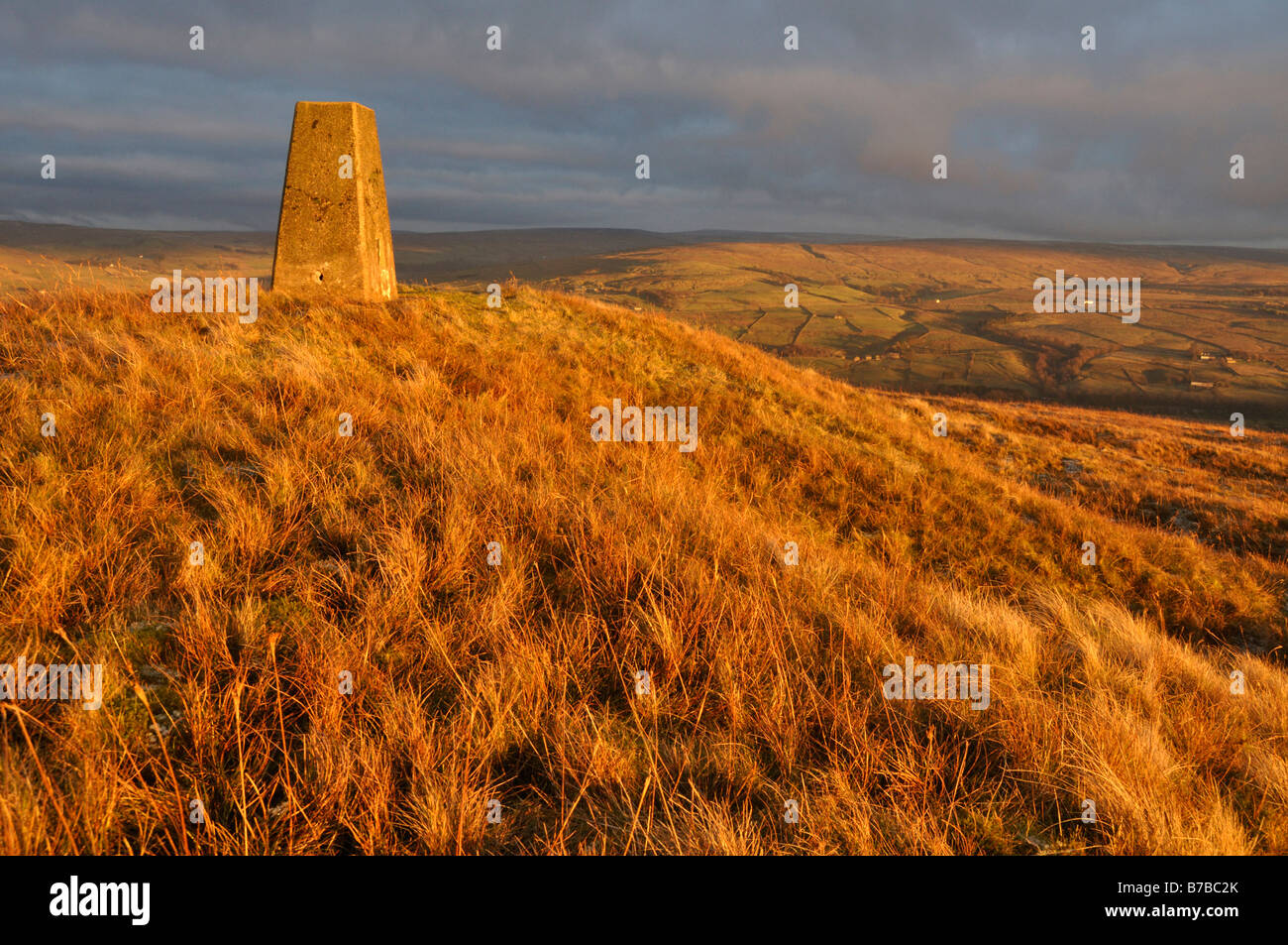 Evening light on trig point Park fell North Pennines, England Stock ...