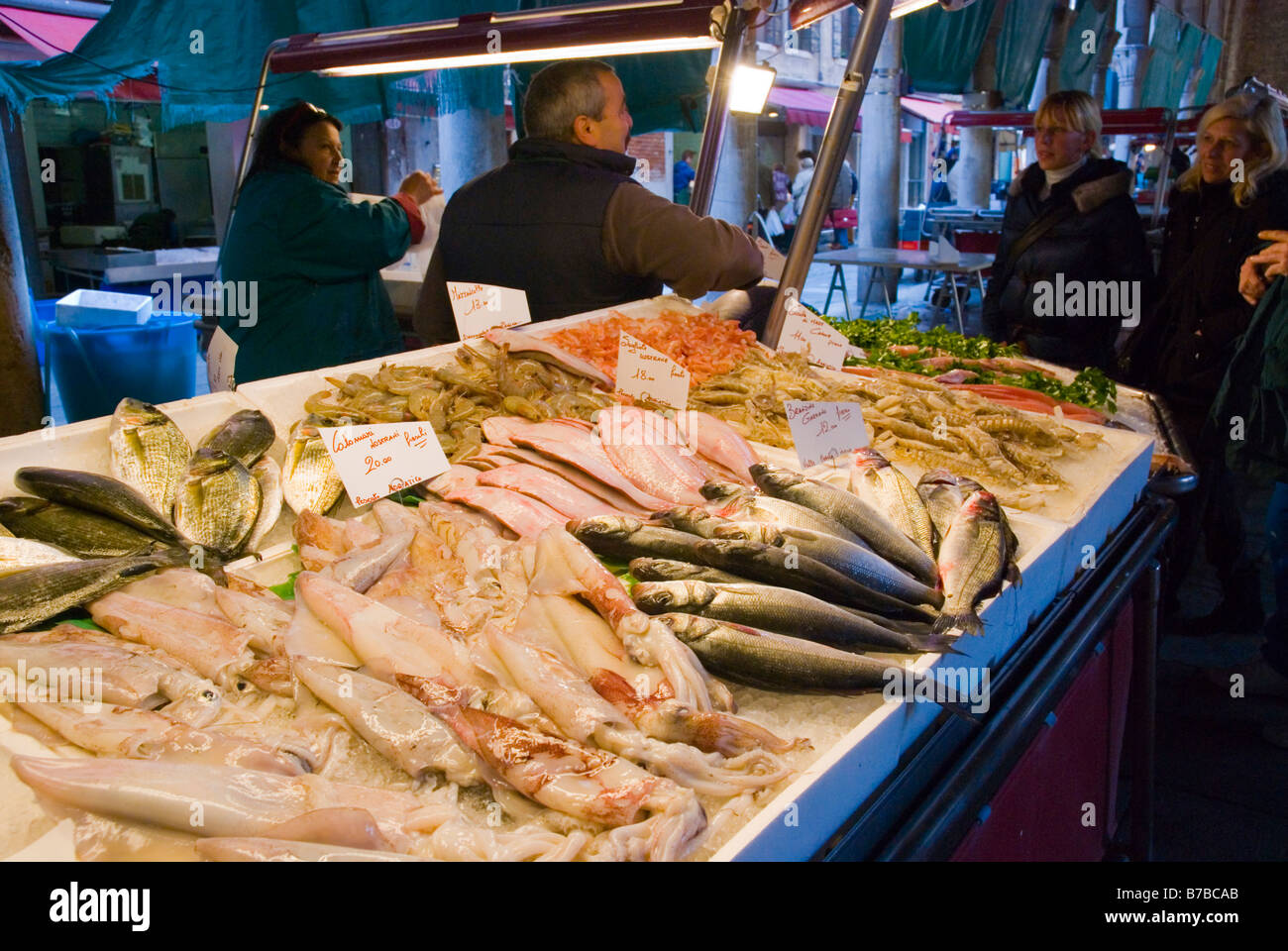 Fish market at Campo della Pescaria square in Venice Italy Europe Stock ...