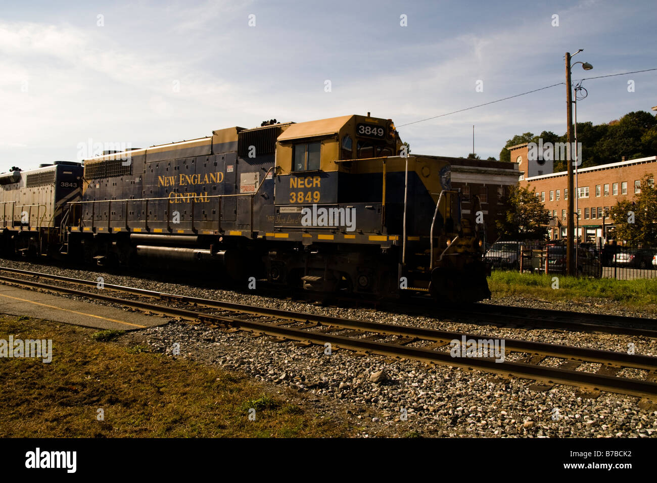 New England Central Railroad Diesel locomotive switches freight cars in ...
