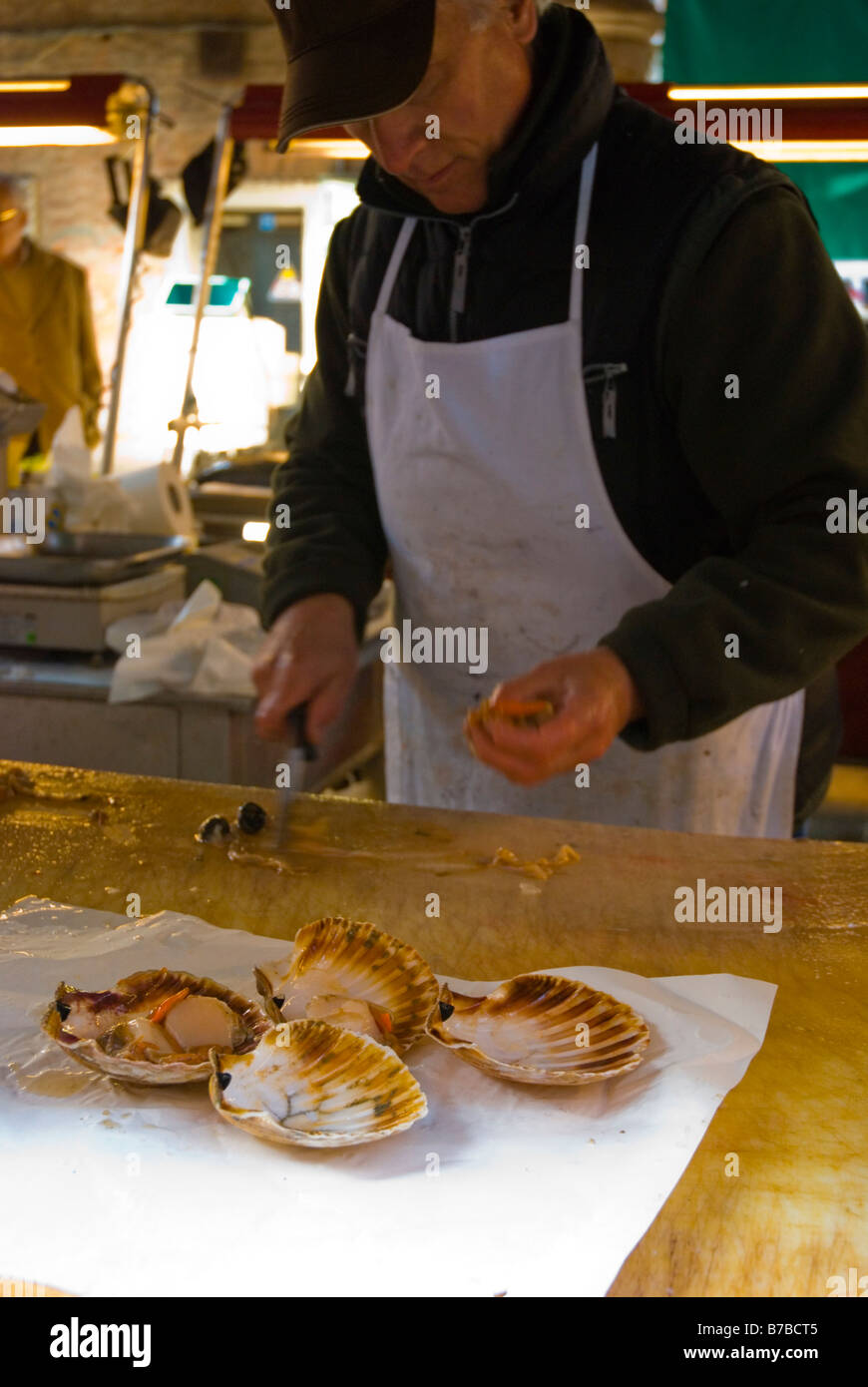 Stall at fish market at Campo della Pescaria square in Venice Italy ...