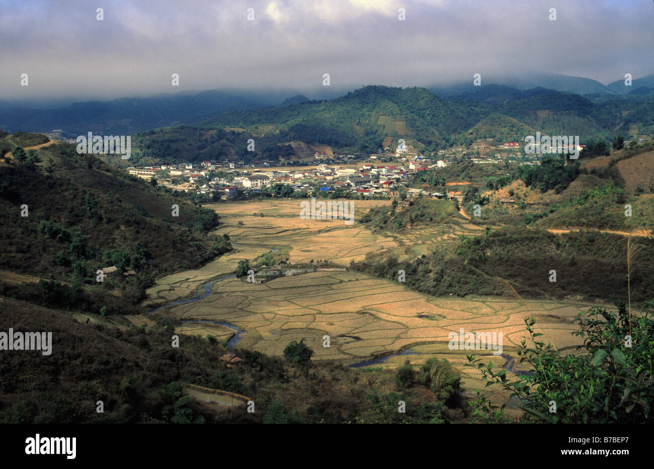 VIEW OVER XAM NEUA TOWN AND PADI FIELDS IN HOUAPHAN PROVINCE Stock ...
