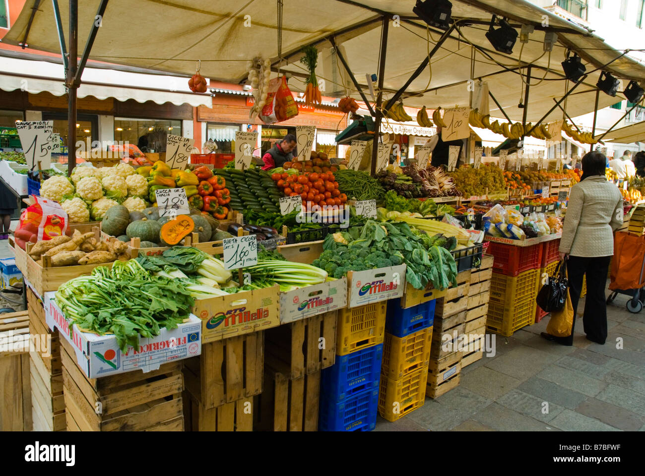 Stall selling fresh produce in Cannaregio region of Venice Italy Europe ...