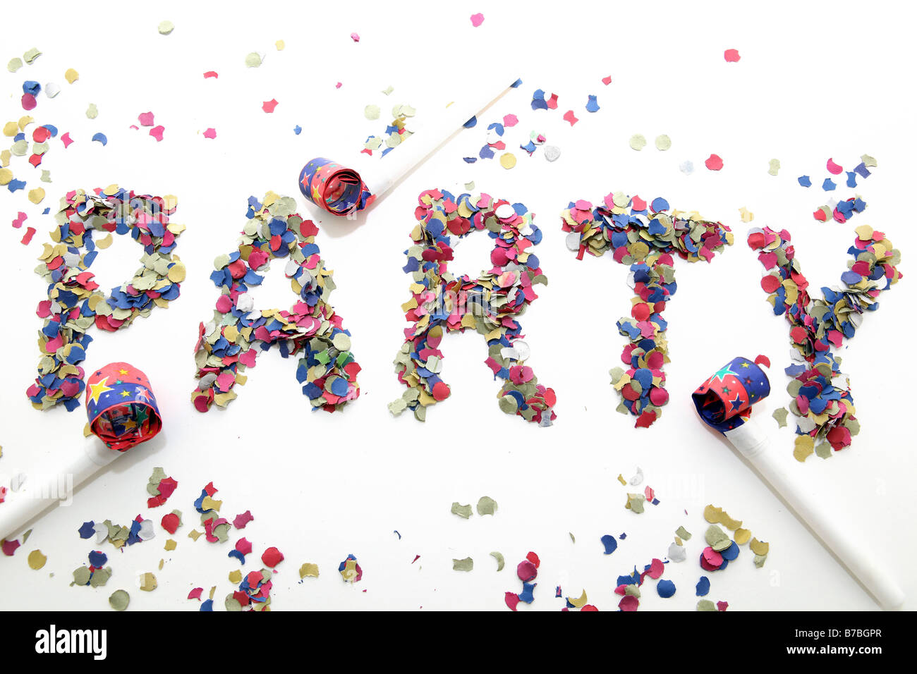 party word with confetti and three blowers on white background Stock ...