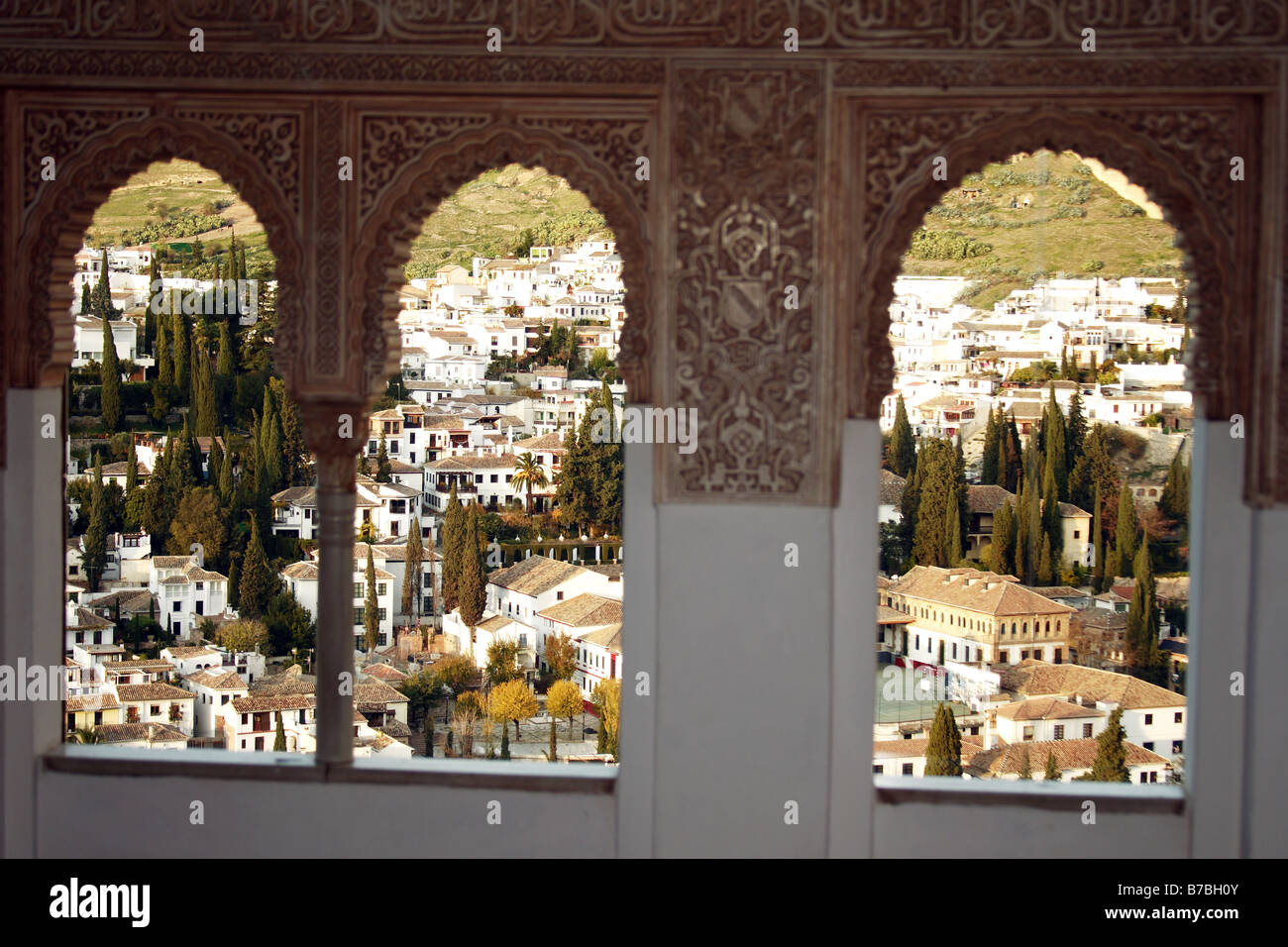 Albaycin view from La Alhambra windows in Granada, Spain Stock Photo ...
