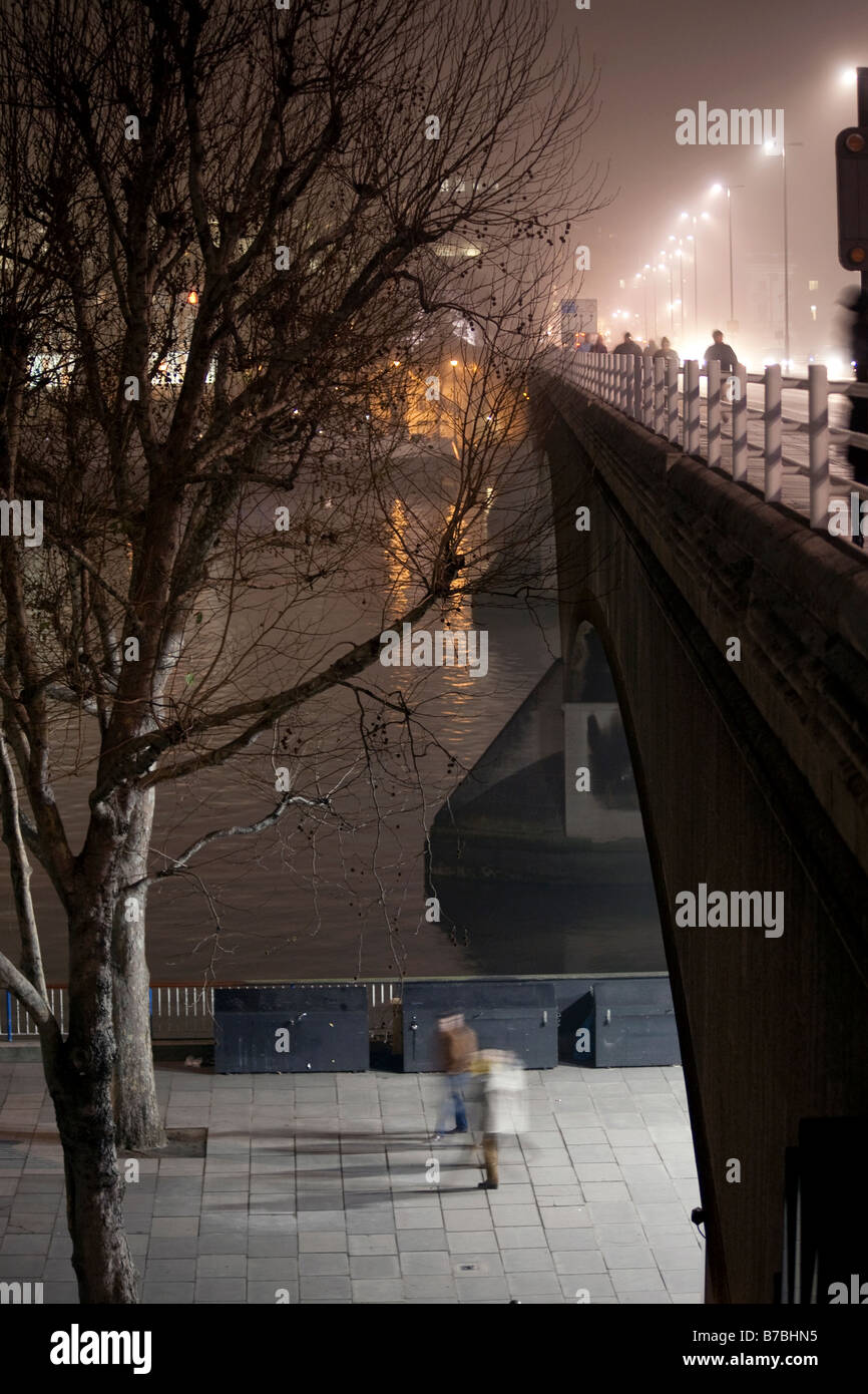 Waterloo Bridge and The South Bank on a foggy winter night. London ...