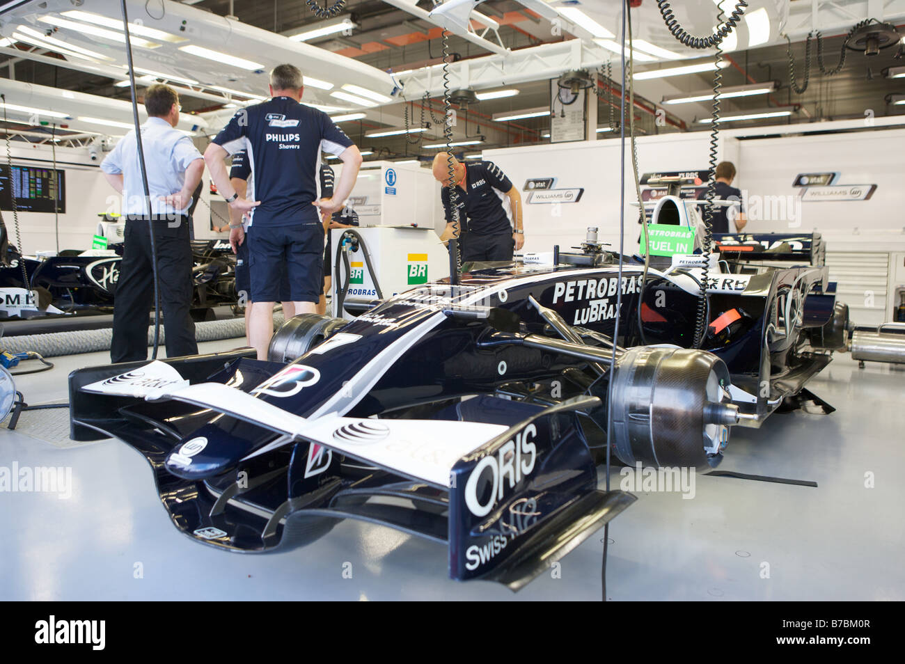AT&T Williams F1 on stands with wheels removed in pit garage Stock ...