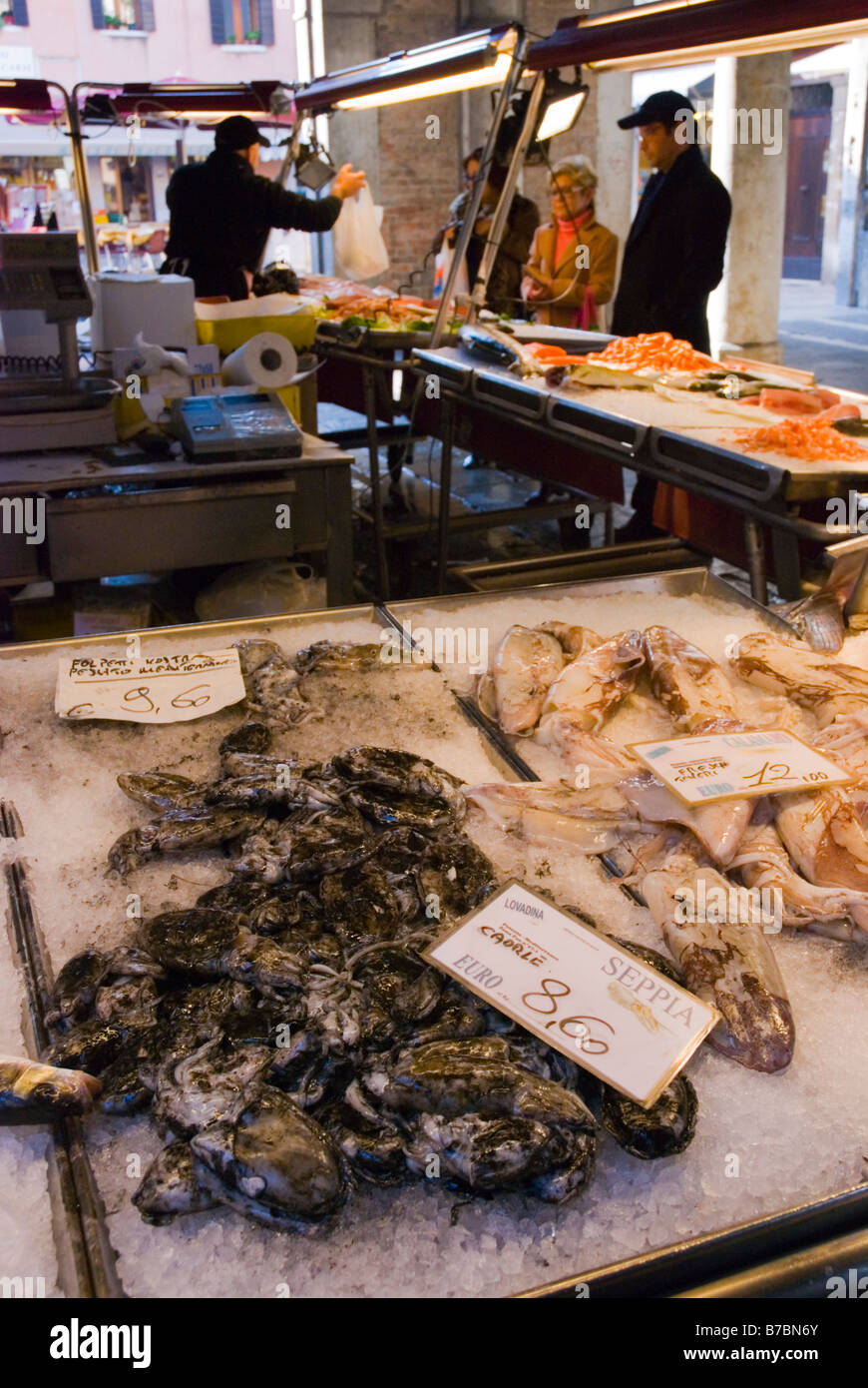 Fish market at Campo della Pescaria square in Venice Italy Europe Stock ...