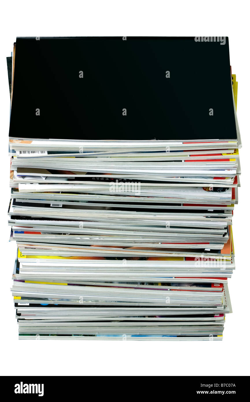 Stack of magazines isolated on white top magazine is blank for your own ...