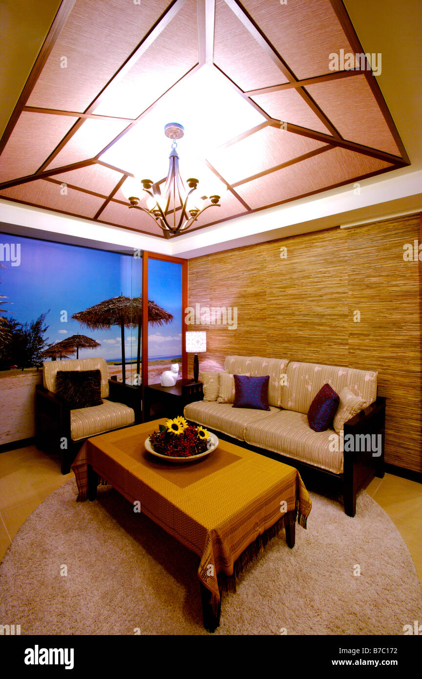 Modern living room with French window illuminated by chandelier Stock ...