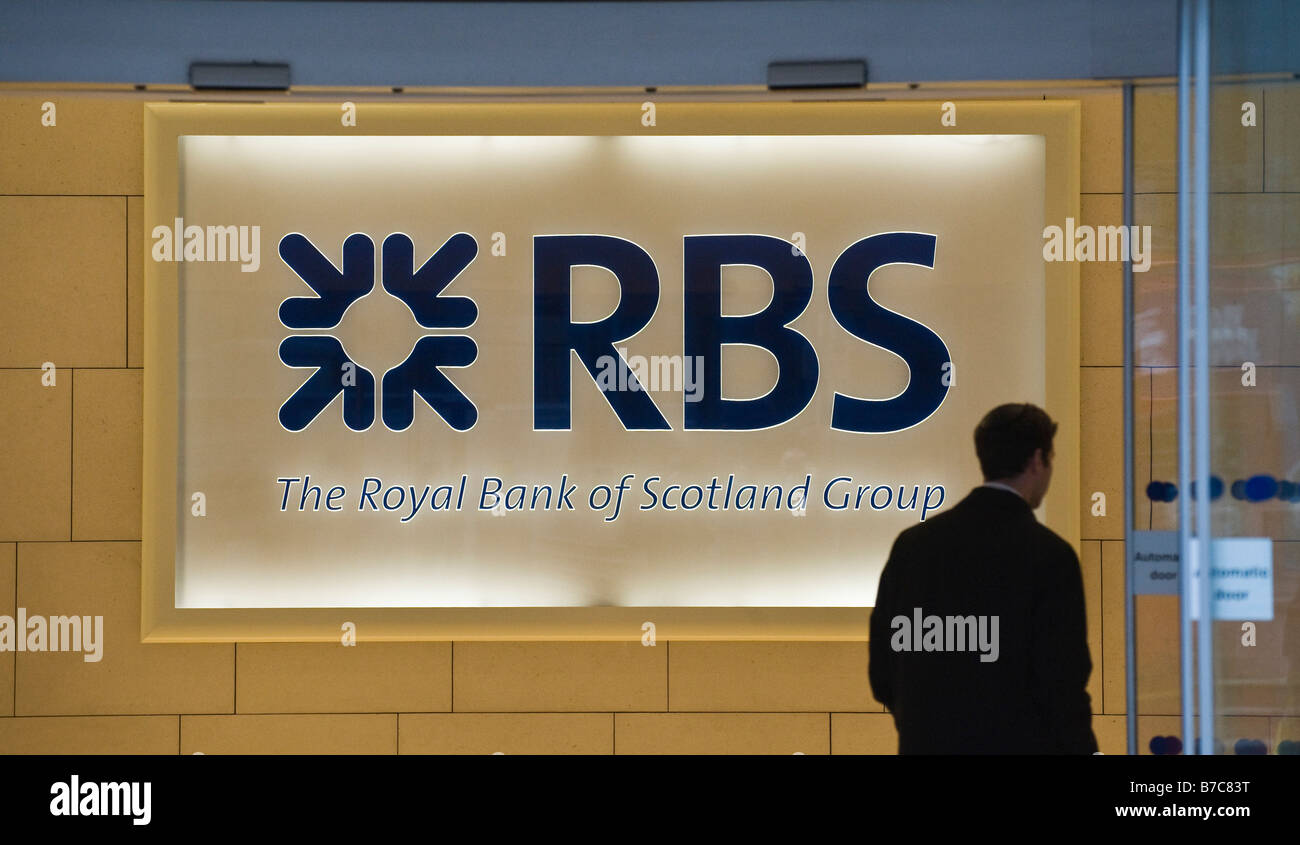 RBS sign at the entrance of Royal bank of Scotland building ...