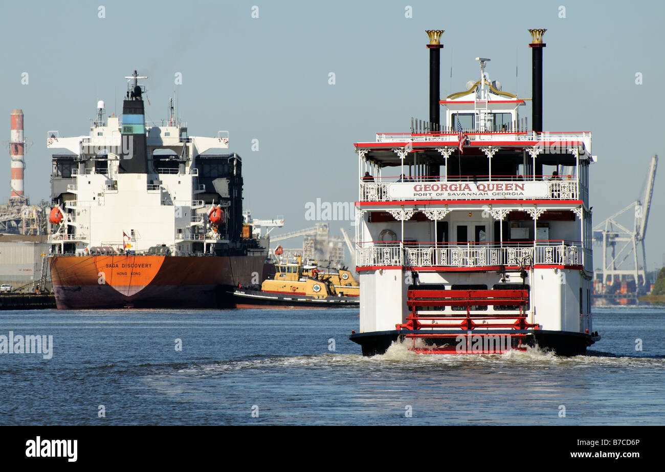 The Georgia Queen a tourist riverboat passing ships in the port of ...