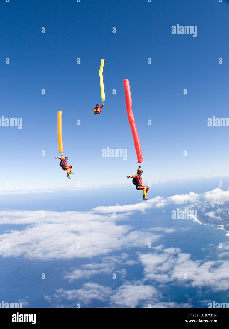 Skydive tube jump over Oahu, Hawaii, USA. Groupe is flying around each ...