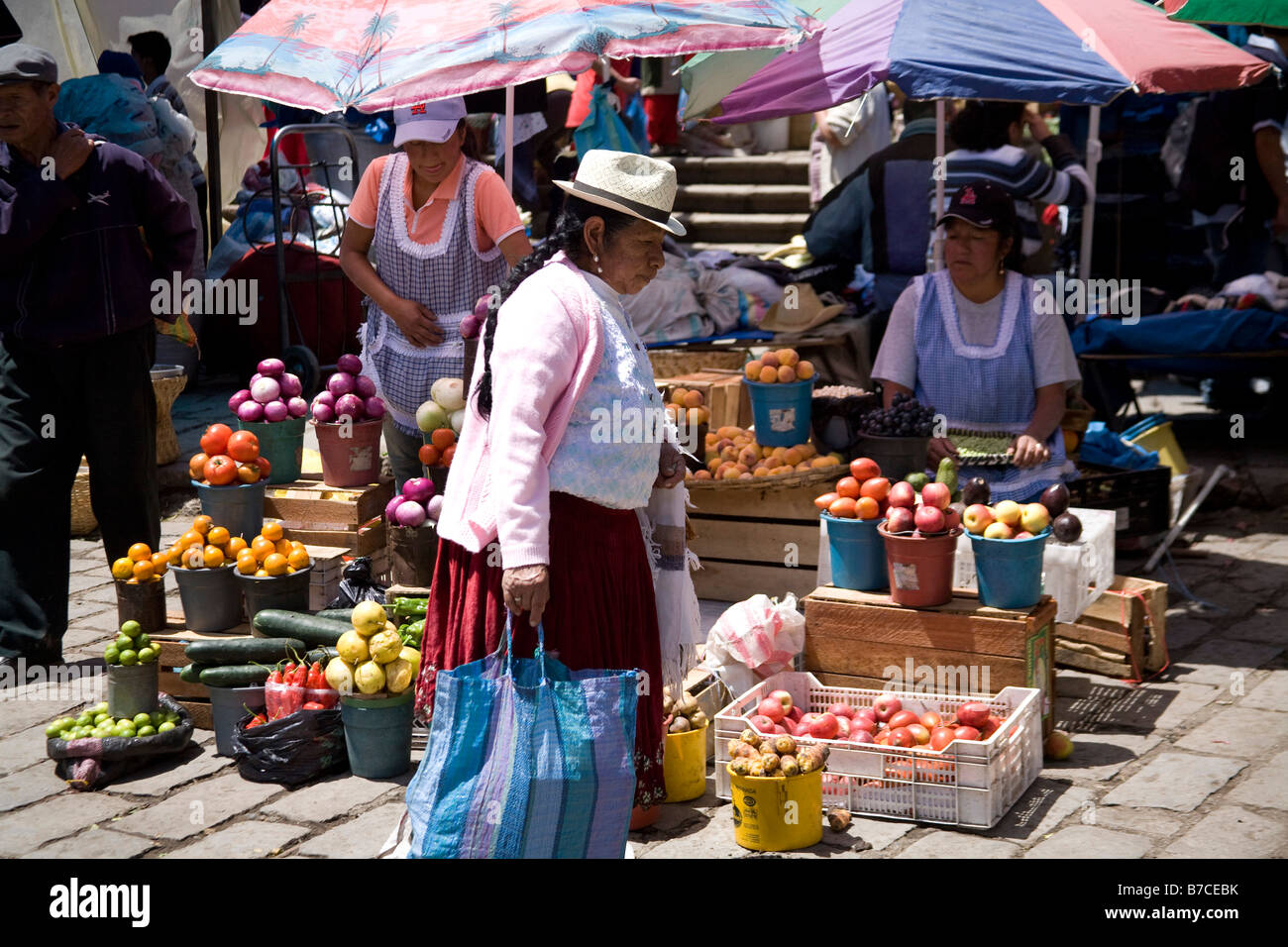 Ecuadorian Woman in outdoor Market with shopping bag full in Ecuador ...