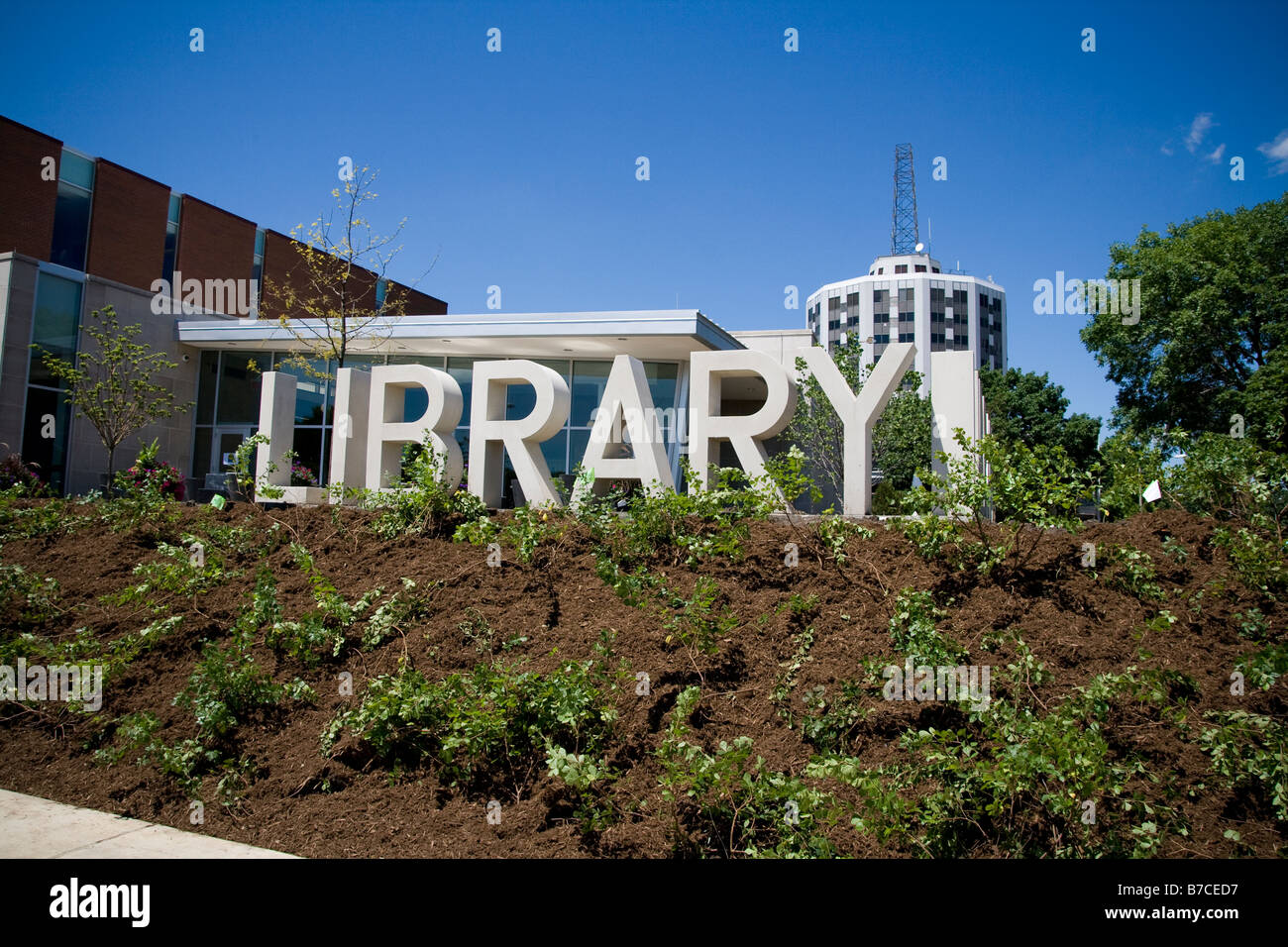 New modern library sign outside the Champaign Illinois public library ...