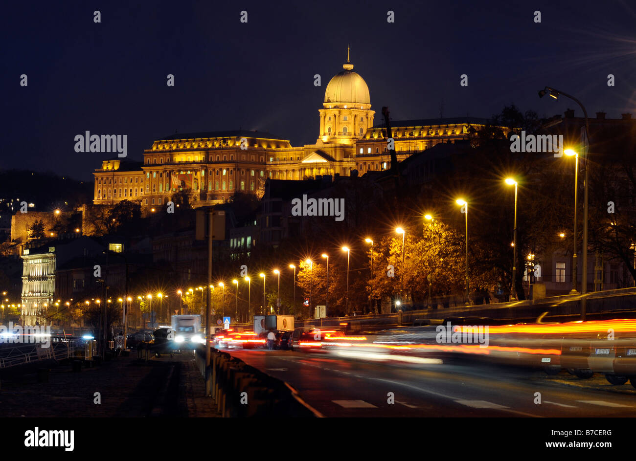 The Buda castle illuminated at night, an architectural landmark in ...