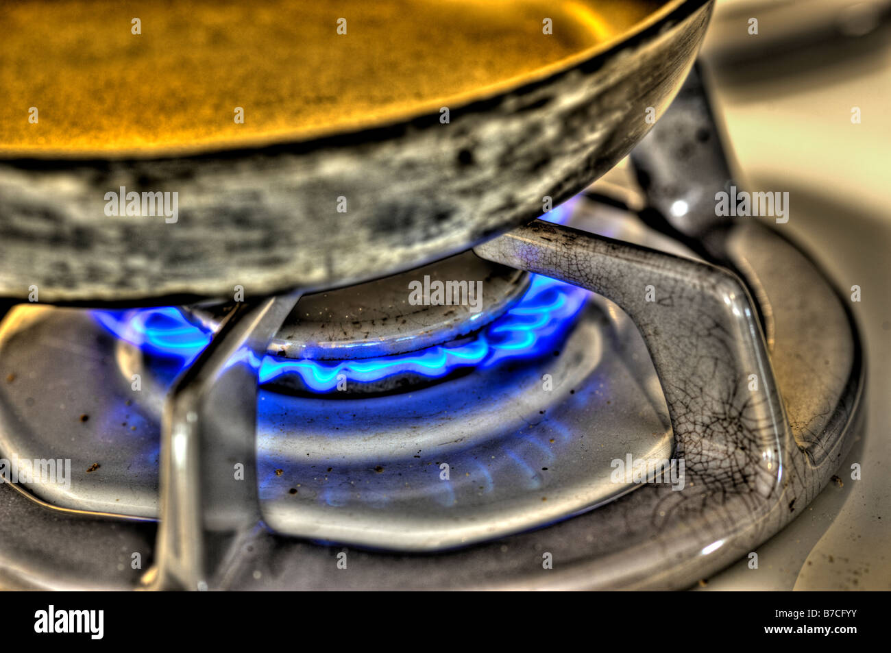 Frying Pan With Gas Flame Detail In Kitchen Cooking, USA Stock Photo ...